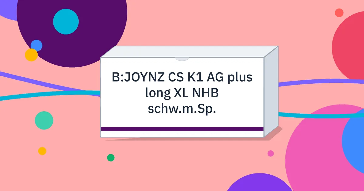 Symbolbild: Packung mit der Aufschrift B:JOYNZ CS K1 AG plus long XL NHB schw.m.Sp. (PZN 20530987) – Verfügbarkeit und Bezug in Apotheken in Frankfurt am Main