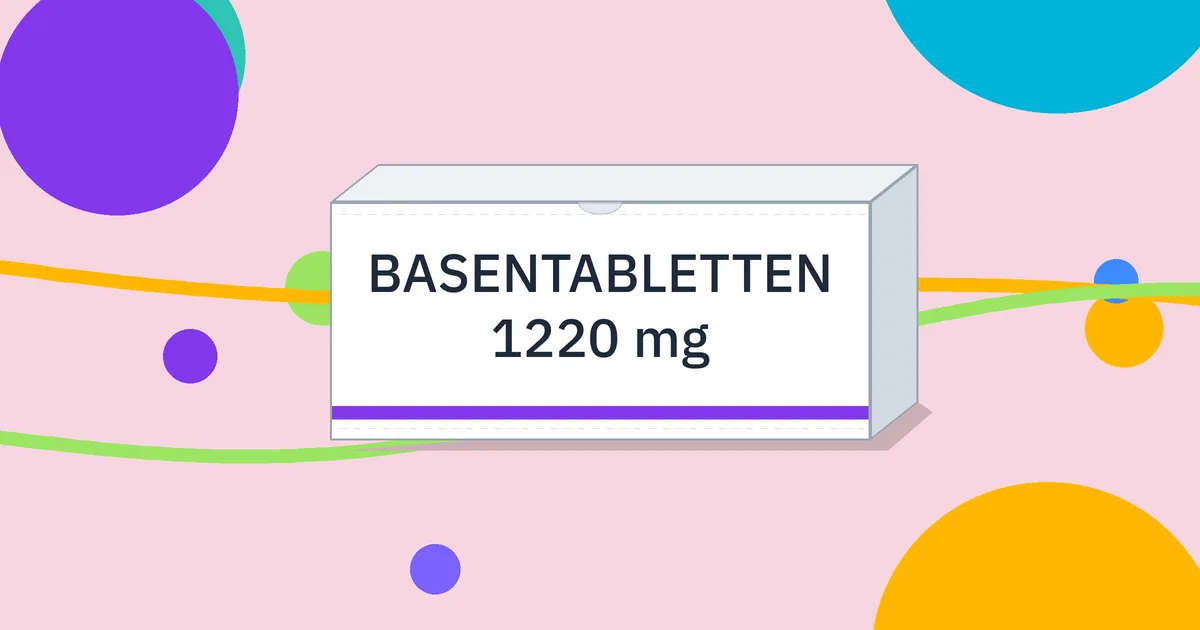 Symbolbild: Packung mit der Aufschrift BASENTABLETTEN 1220 mg (PZN 19151204) – Verfügbarkeit und Bezug in Apotheken in Frankfurt am Main