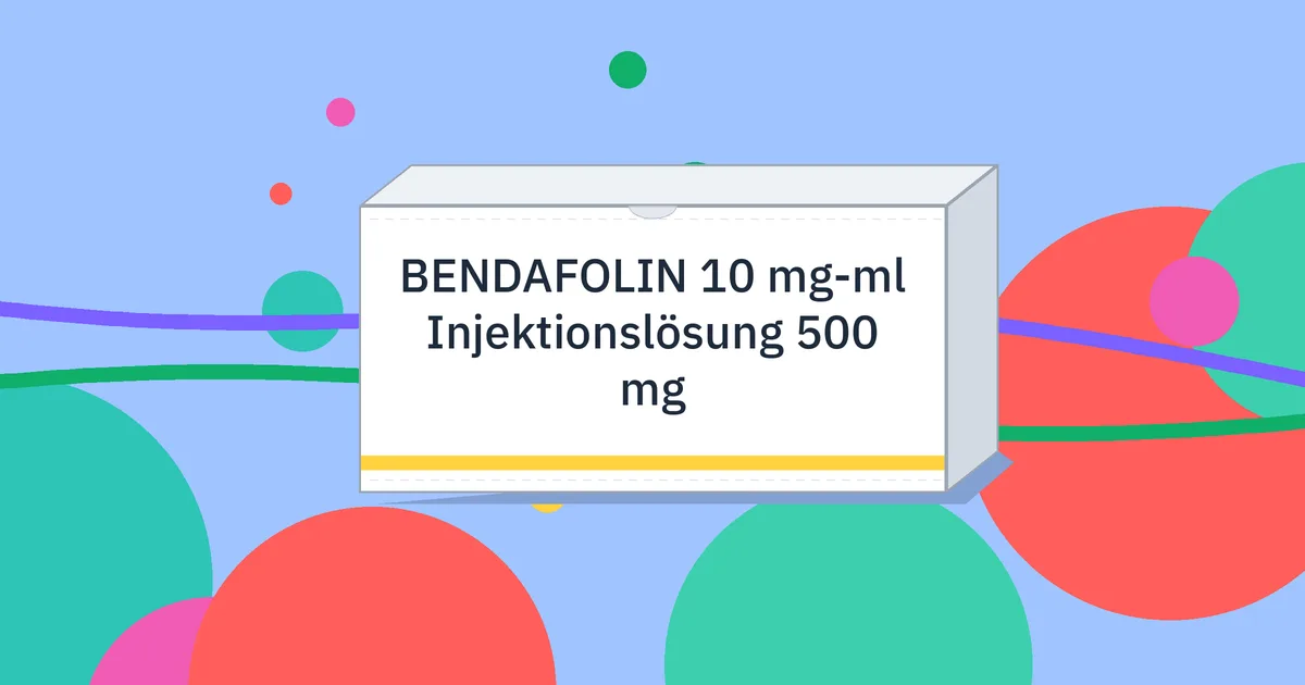 Symbolbild: Packung mit der Aufschrift BENDAFOLIN 10 mg-ml Injektionslösung 500 mg (PZN 04830081) – Verfügbarkeit und Bezug in Apotheken in Frankfurt am Main