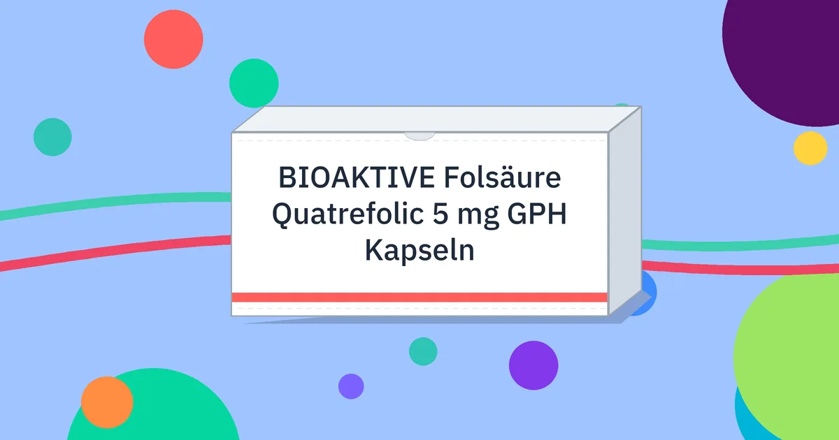 Symbolbild: Packung mit der Aufschrift BIOAKTIVE Folsäure Quatrefolic 5 mg GPH Kapseln (PZN 18310646) – Verfügbarkeit und Bezug in Apotheken in Frankfurt am Main
