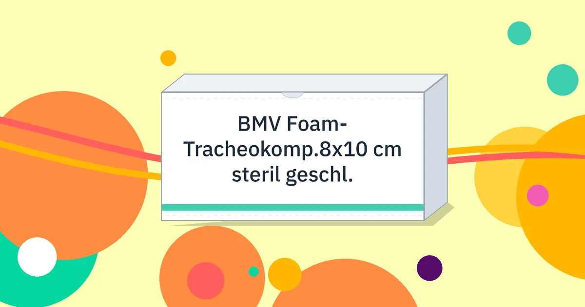 Symbolbild: Packung mit der Aufschrift BMV Foam-Tracheokomp.8x10 cm steril geschl. (PZN 11080284) – Verfügbarkeit und Bezug in Apotheken in Frankfurt am Main