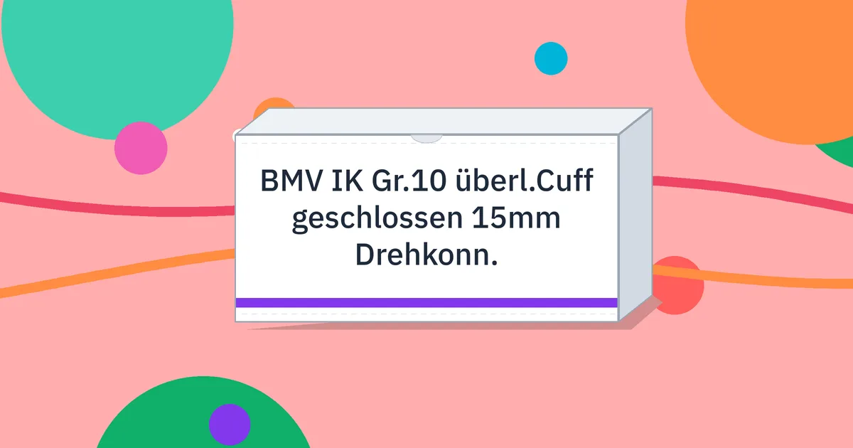 Symbolbild: Packung mit der Aufschrift BMV IK Gr.10 überl.Cuff geschlossen 15mm Drehkonn. (PZN 20140246) – Verfügbarkeit und Bezug in Apotheken in Frankfurt am Main