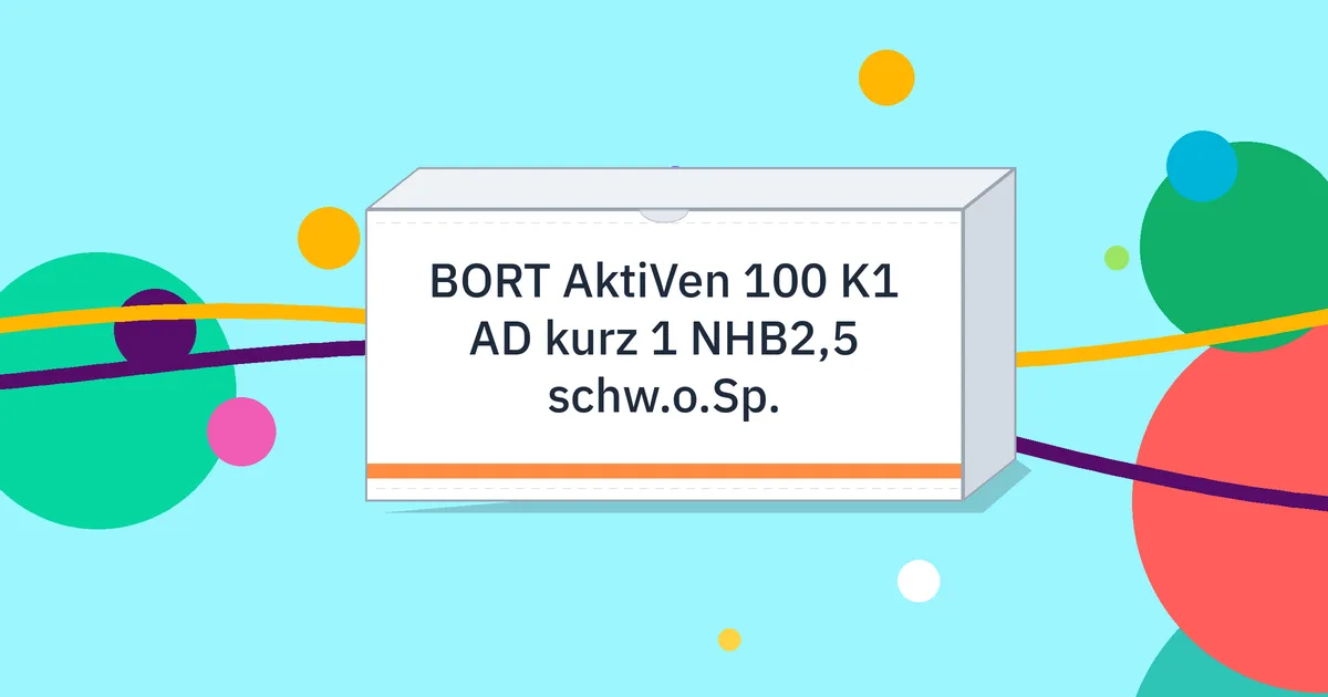 Symbolbild: Packung mit der Aufschrift BORT AktiVen 100 K1 AD kurz 1 NHB2,5 schw.o.Sp. (PZN 17502013) – Verfügbarkeit und Bezug in Apotheken in Frankfurt am Main