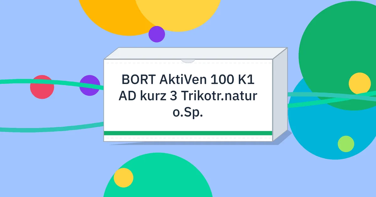 Symbolbild: Packung mit der Aufschrift BORT AktiVen 100 K1 AD kurz 3 Trikotr.natur o.Sp. (PZN 13726052) – Verfügbarkeit und Bezug in Apotheken in Frankfurt am Main
