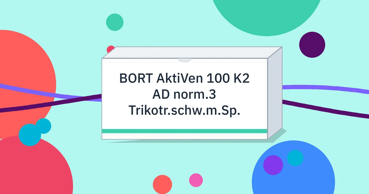 Symbolbild: Packung mit der Aufschrift BORT AktiVen 100 K2 AD norm.3 Trikotr.schw.m.Sp. (PZN 14386724) – Verfügbarkeit und Bezug in Apotheken in Frankfurt am Main