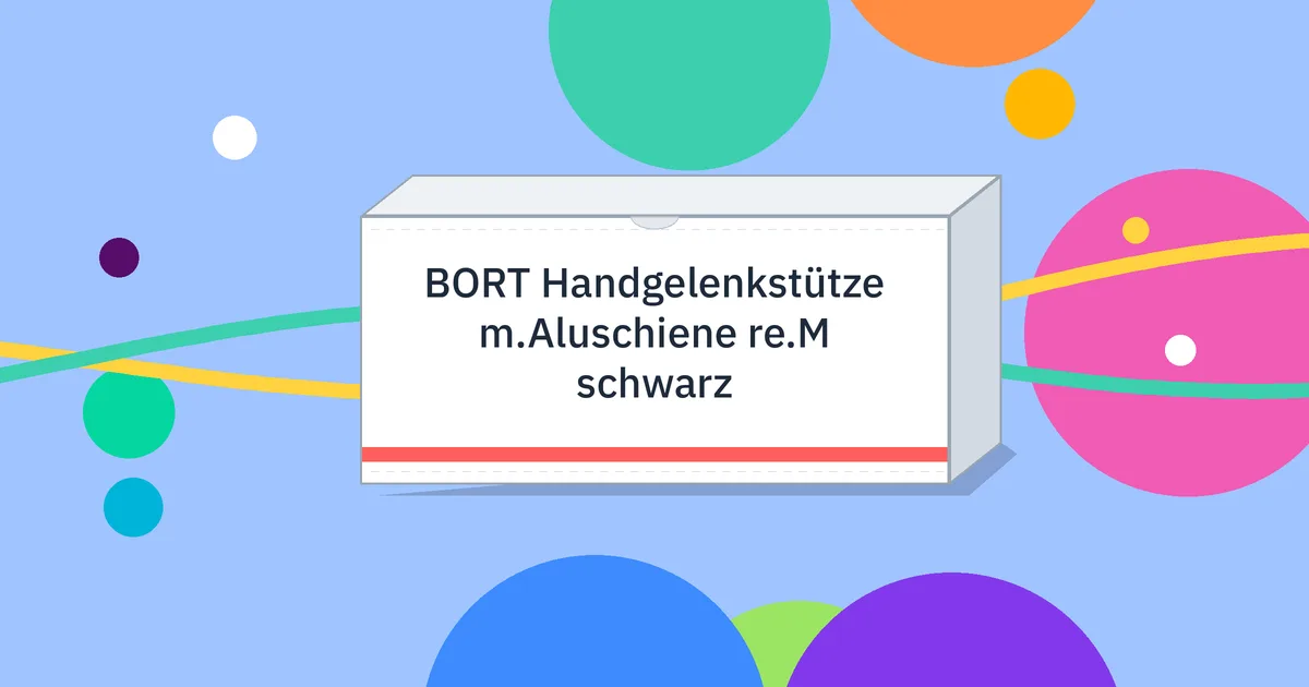 Symbolbild: Packung mit der Aufschrift BORT Handgelenkstütze m.Aluschiene re.M schwarz (PZN 05539399) – Verfügbarkeit und Bezug in Apotheken in Frankfurt am Main