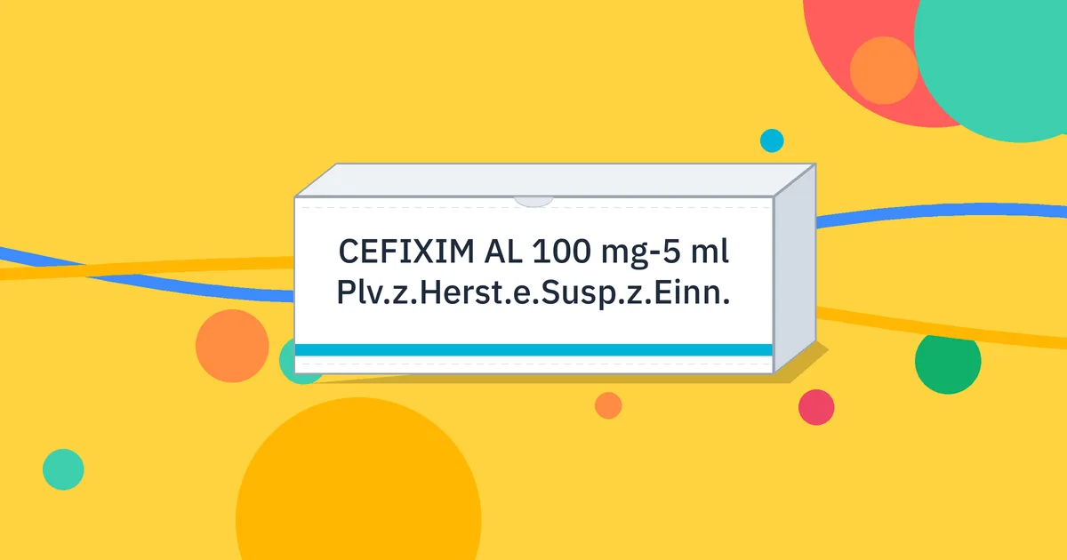 Symbolbild: Packung mit der Aufschrift CEFIXIM AL 100 mg-5 ml Plv.z.Herst.e.Susp.z.Einn. (PZN 09474171) – Verfügbarkeit und Bezug in Apotheken in Frankfurt am Main