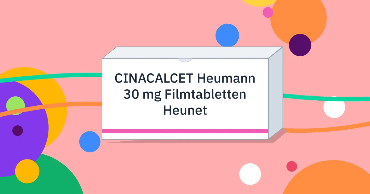 Symbolbild: Packung mit der Aufschrift CINACALCET Heumann 30 mg Filmtabletten Heunet (PZN 18265549) – Verfügbarkeit und Bezug in Apotheken in Frankfurt am Main