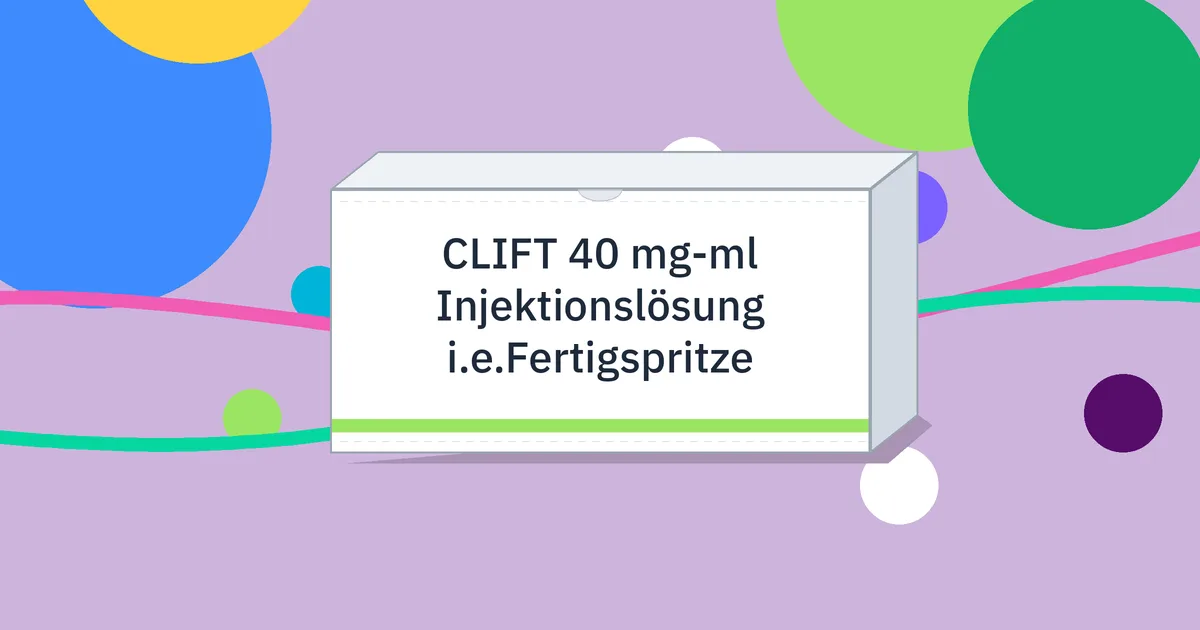Symbolbild: Packung mit der Aufschrift CLIFT 40 mg-ml Injektionslösung i.e.Fertigspritze (PZN 19401701) – Verfügbarkeit und Bezug in Apotheken in Frankfurt am Main