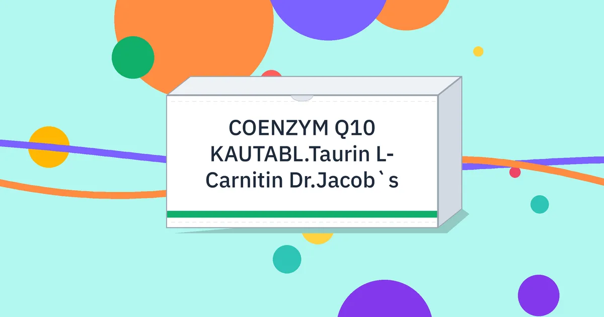 Symbolbild: Packung mit der Aufschrift COENZYM Q10 KAUTABL.Taurin L-Carnitin Dr.Jacob`s (PZN 20539669) – Verfügbarkeit und Bezug in Apotheken in Frankfurt am Main