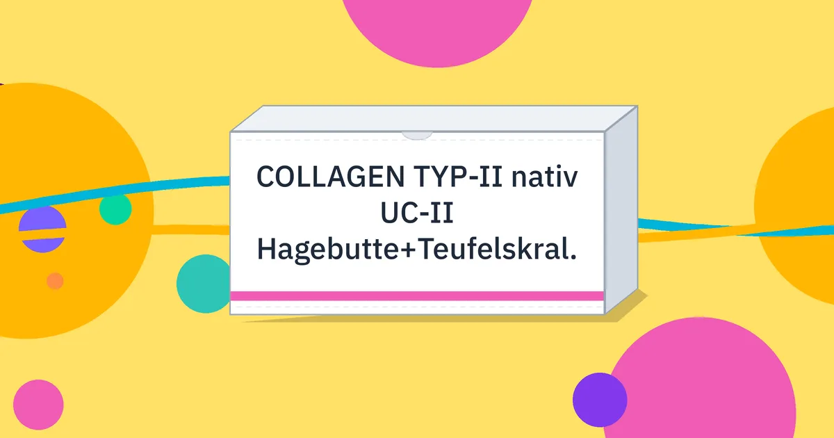 Symbolbild: Packung mit der Aufschrift COLLAGEN TYP-II nativ UC-II Hagebutte+Teufelskral. (PZN 16503737) – Verfügbarkeit und Bezug in Apotheken in Frankfurt am Main