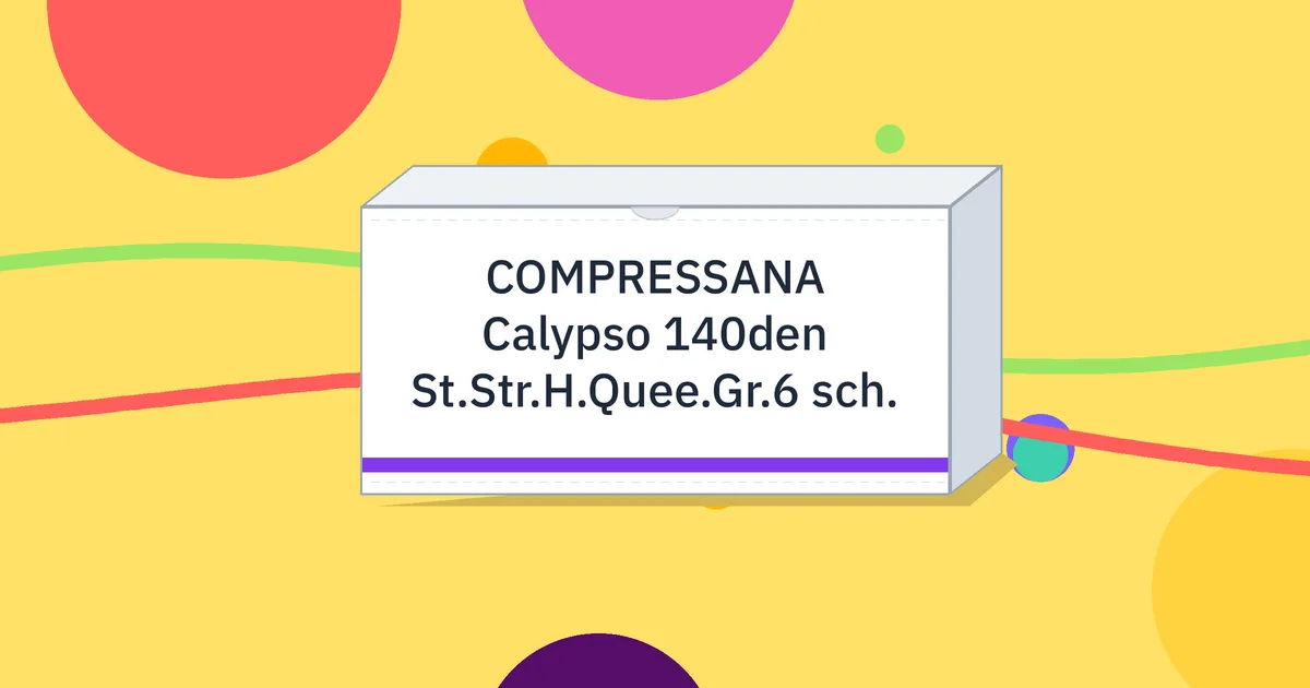 Symbolbild: Packung mit der Aufschrift COMPRESSANA Calypso 140den St.Str.H.Quee.Gr.6 sch. (PZN 04139108) – Verfügbarkeit und Bezug in Apotheken in Frankfurt am Main