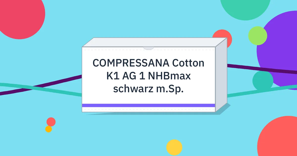 Symbolbild: Packung mit der Aufschrift COMPRESSANA Cotton K1 AG 1 NHBmax schwarz m.Sp. (PZN 11392664) – Verfügbarkeit und Bezug in Apotheken in Frankfurt am Main