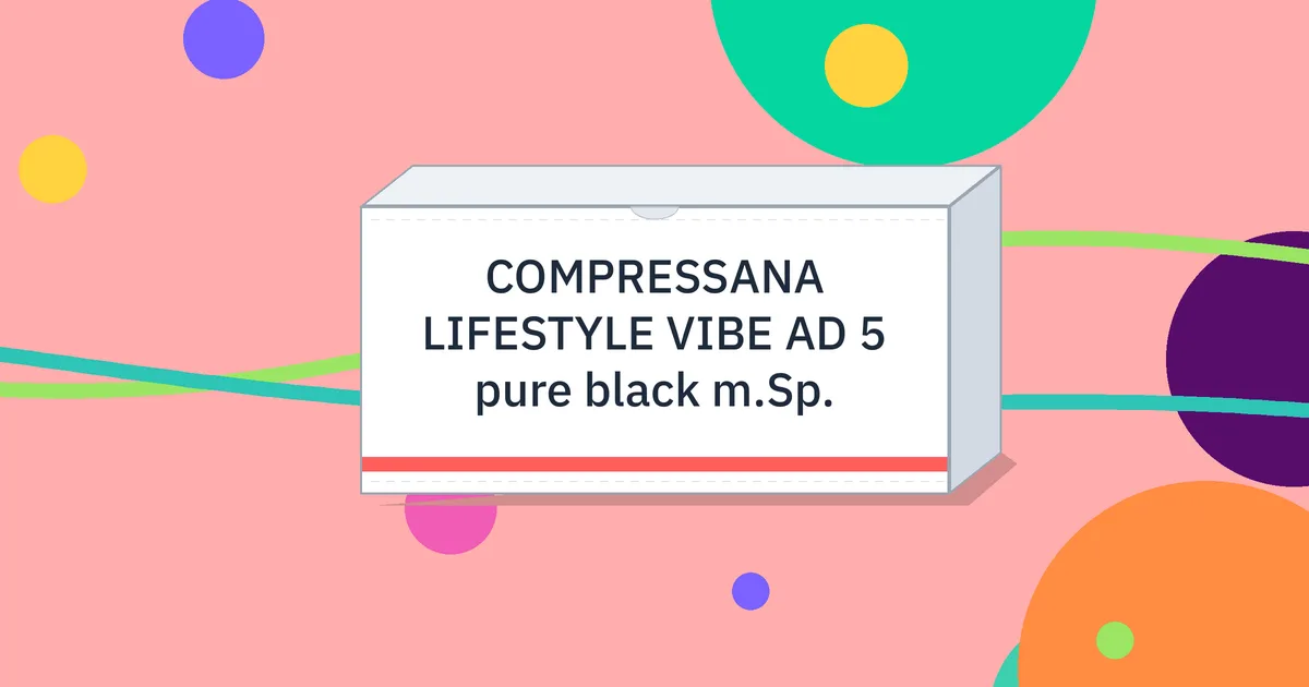 Symbolbild: Packung mit der Aufschrift COMPRESSANA LIFESTYLE VIBE AD 5 pure black m.Sp. (PZN 19659730) – Verfügbarkeit und Bezug in Apotheken in Frankfurt am Main