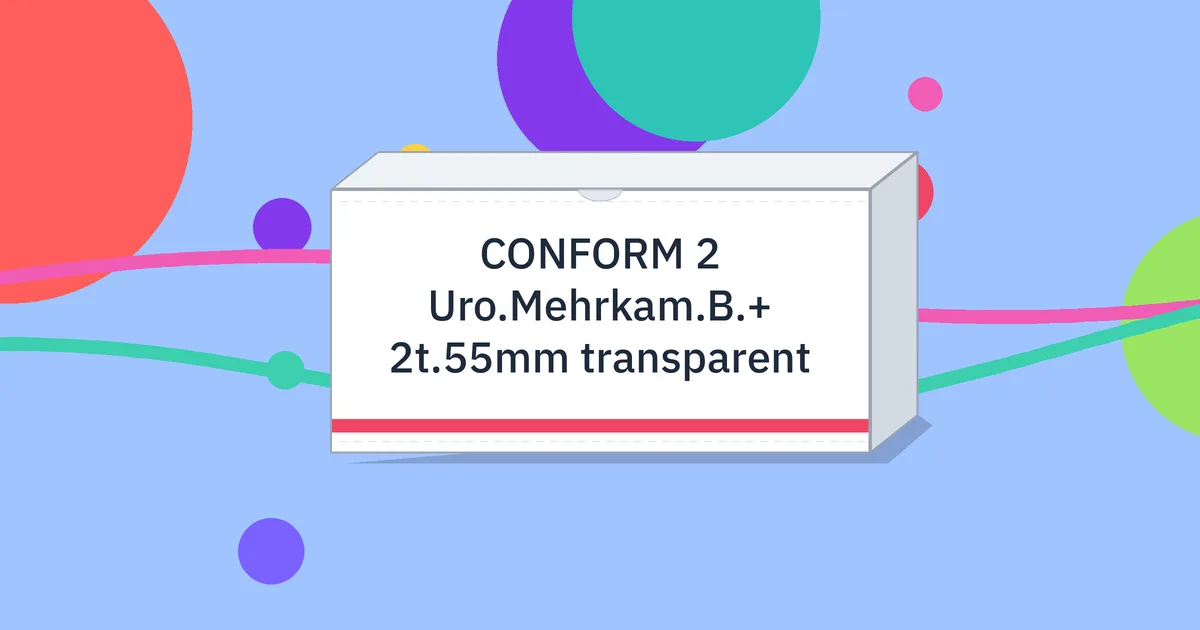 Symbolbild: Packung mit der Aufschrift CONFORM 2 Uro.Mehrkam.B.+ 2t.55mm transparent (PZN 10812638) – Verfügbarkeit und Bezug in Apotheken in Frankfurt am Main