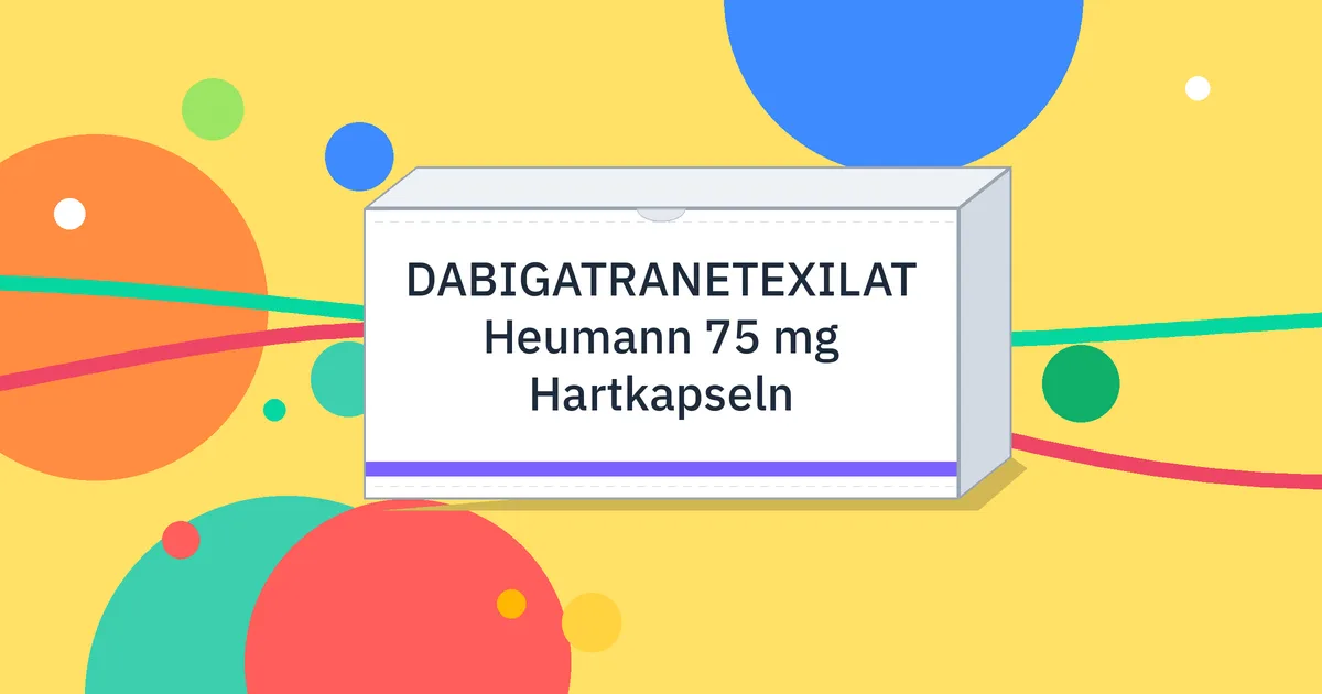 Symbolbild: Packung mit der Aufschrift DABIGATRANETEXILAT Heumann 75 mg Hartkapseln (PZN 18486210) – Verfügbarkeit und Bezug in Apotheken in Frankfurt am Main