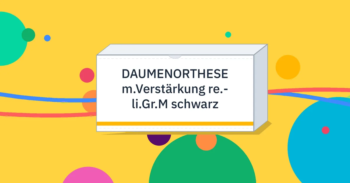 Symbolbild: Packung mit der Aufschrift DAUMENORTHESE m.Verstärkung re.-li.Gr.M schwarz (PZN 13827416) – Verfügbarkeit und Bezug in Apotheken in Frankfurt am Main