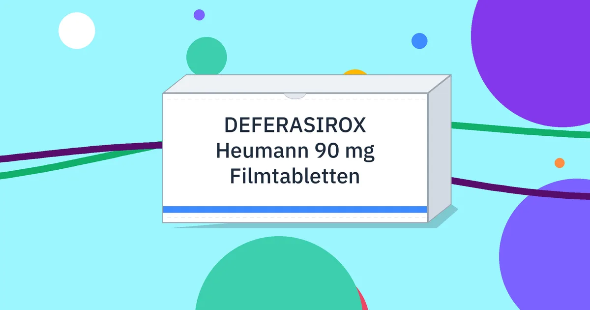 Symbolbild: Packung mit der Aufschrift DEFERASIROX Heumann 90 mg Filmtabletten (PZN 16358063) – Verfügbarkeit und Bezug in Apotheken in Frankfurt am Main
