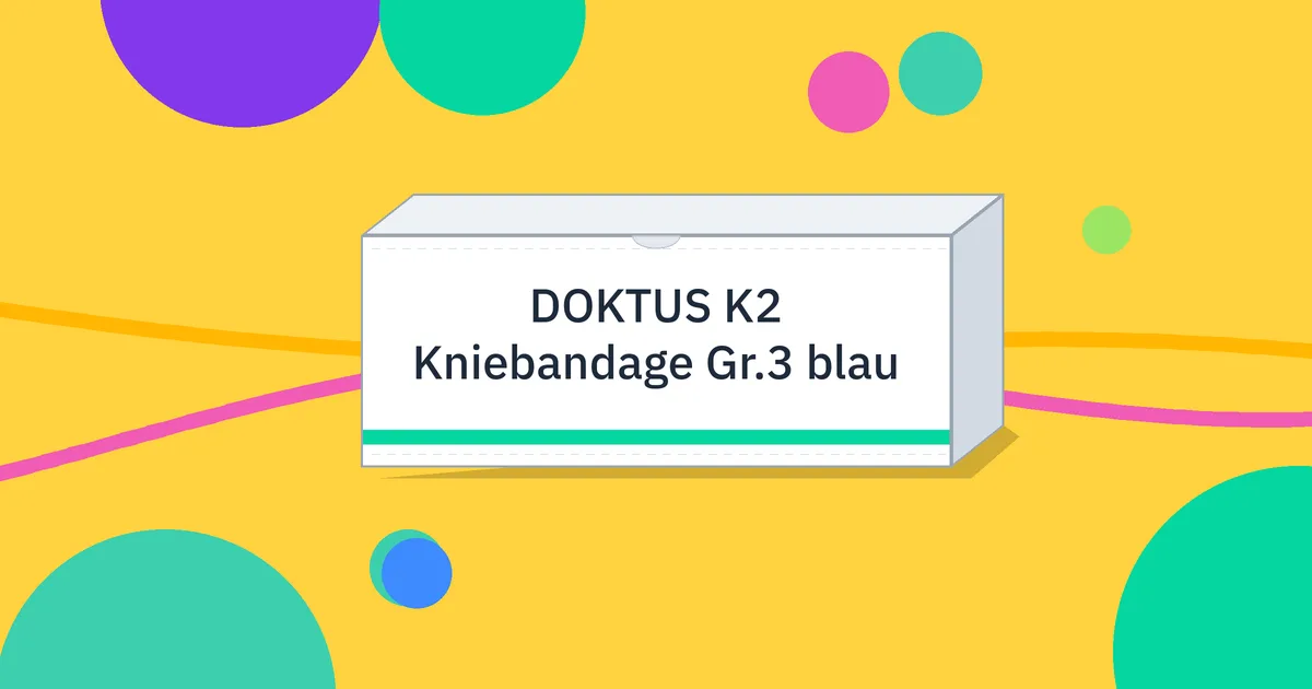 Symbolbild: Packung mit der Aufschrift DOKTUS K2 Kniebandage Gr.3 blau (PZN 03309910) – Verfügbarkeit und Bezug in Apotheken in Frankfurt am Main