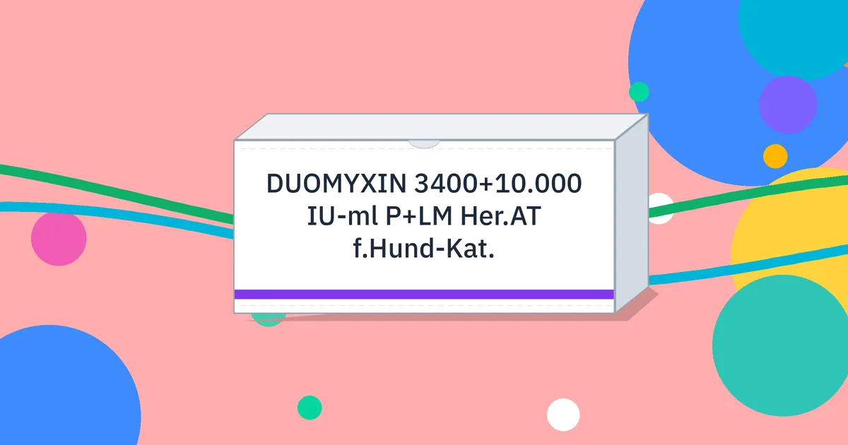 Symbolbild: Packung mit der Aufschrift DUOMYXIN 3400+10.000 IU-ml P+LM Her.AT f.Hund-Kat. (PZN 19900930) – Verfügbarkeit und Bezug in Apotheken in Frankfurt am Main