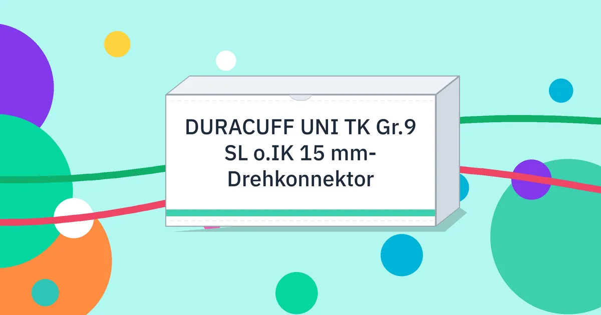 Symbolbild: Packung mit der Aufschrift DURACUFF UNI TK Gr.9 SL o.IK 15 mm-Drehkonnektor (PZN 04958390) – Verfügbarkeit und Bezug in Apotheken in Frankfurt am Main