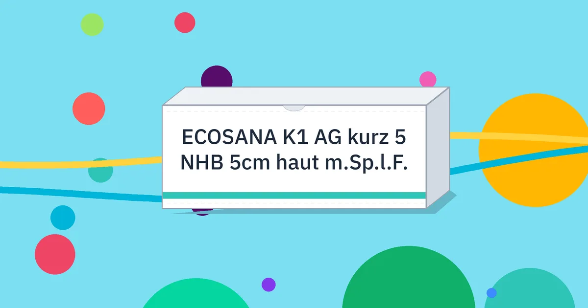 Symbolbild: Packung mit der Aufschrift ECOSANA K1 AG kurz 5 NHB 5cm haut m.Sp.l.F. (PZN 04729376) – Verfügbarkeit und Bezug in Apotheken in Frankfurt am Main