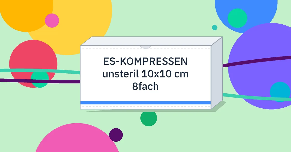 Symbolbild: Packung mit der Aufschrift ES-KOMPRESSEN unsteril 10x10 cm 8fach (PZN 20025628) – Verfügbarkeit und Bezug in Apotheken in Frankfurt am Main