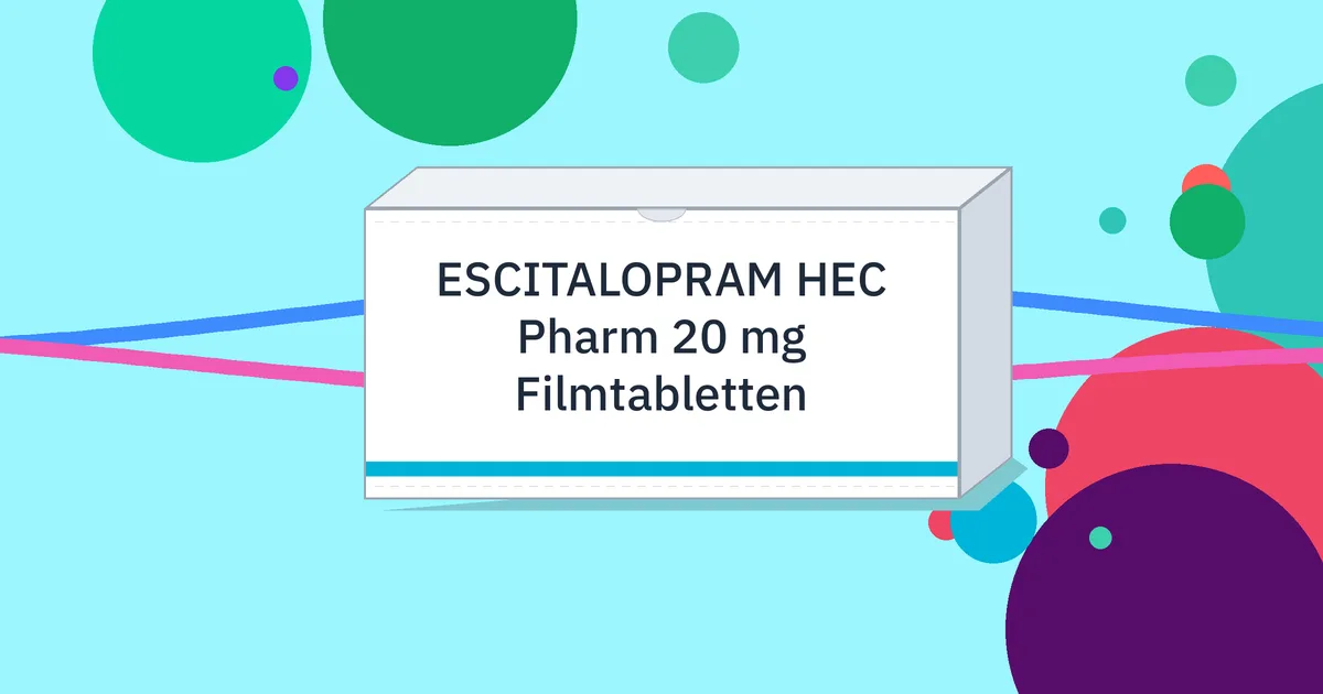Symbolbild: Packung mit der Aufschrift ESCITALOPRAM HEC Pharm 20 mg Filmtabletten (PZN 18219615) – Verfügbarkeit und Bezug in Apotheken in Frankfurt am Main
