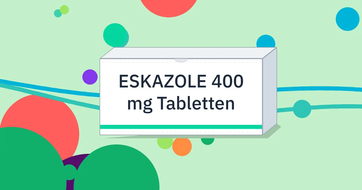 Symbolbild: Packung mit der Aufschrift ESKAZOLE 400 mg Tabletten (PZN 15329214) – Verfügbarkeit und Bezug in Apotheken in Frankfurt am Main