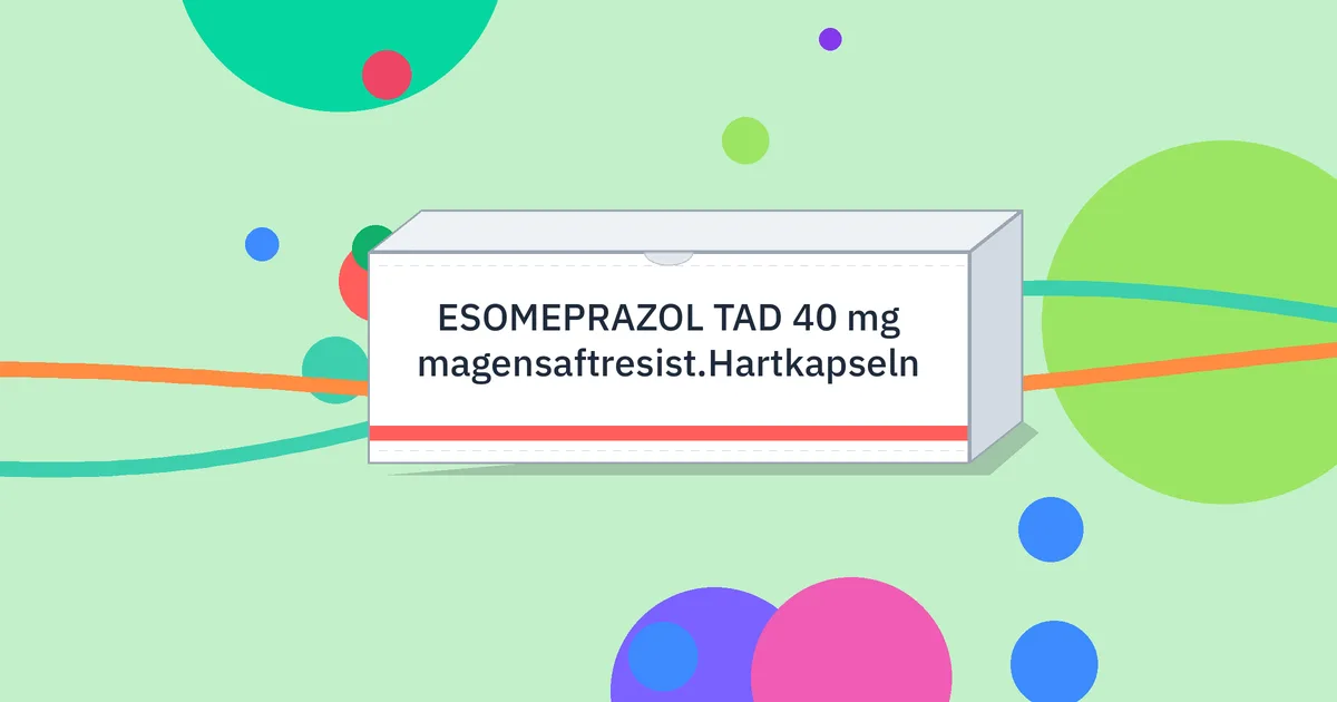 Symbolbild: Packung mit der Aufschrift ESOMEPRAZOL TAD 40 mg magensaftresist.Hartkapseln (PZN 06834350) – Verfügbarkeit und Bezug in Apotheken in Frankfurt am Main
