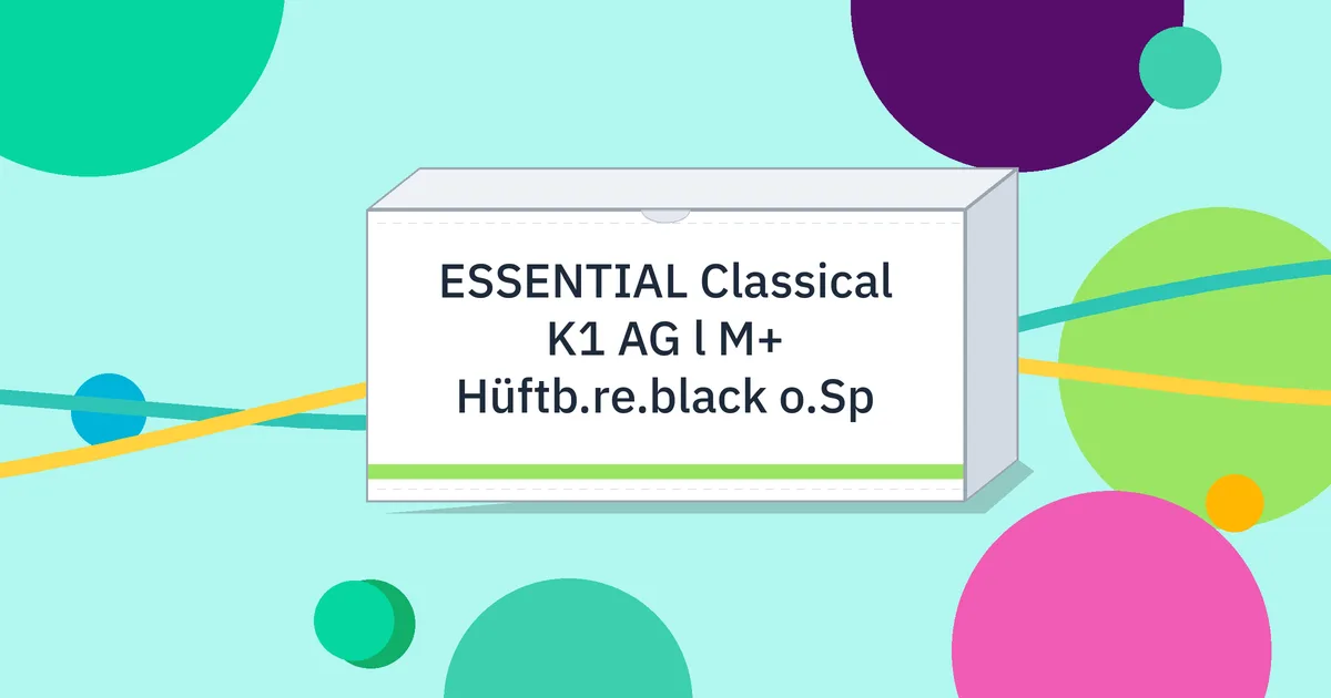 Symbolbild: Packung mit der Aufschrift ESSENTIAL Classical K1 AG l M+ Hüftb.re.black o.Sp (PZN 17013515) – Verfügbarkeit und Bezug in Apotheken in Frankfurt am Main