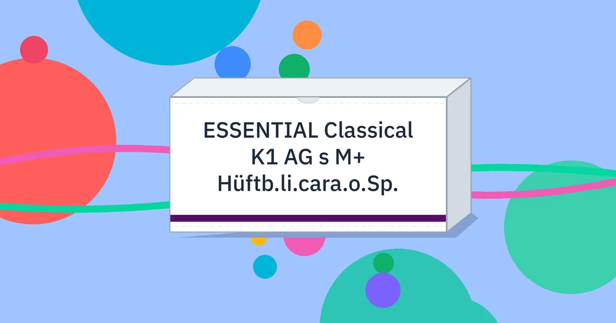 Symbolbild: Packung mit der Aufschrift ESSENTIAL Classical K1 AG s M+ Hüftb.li.cara.o.Sp. (PZN 17011479) – Verfügbarkeit und Bezug in Apotheken in Frankfurt am Main