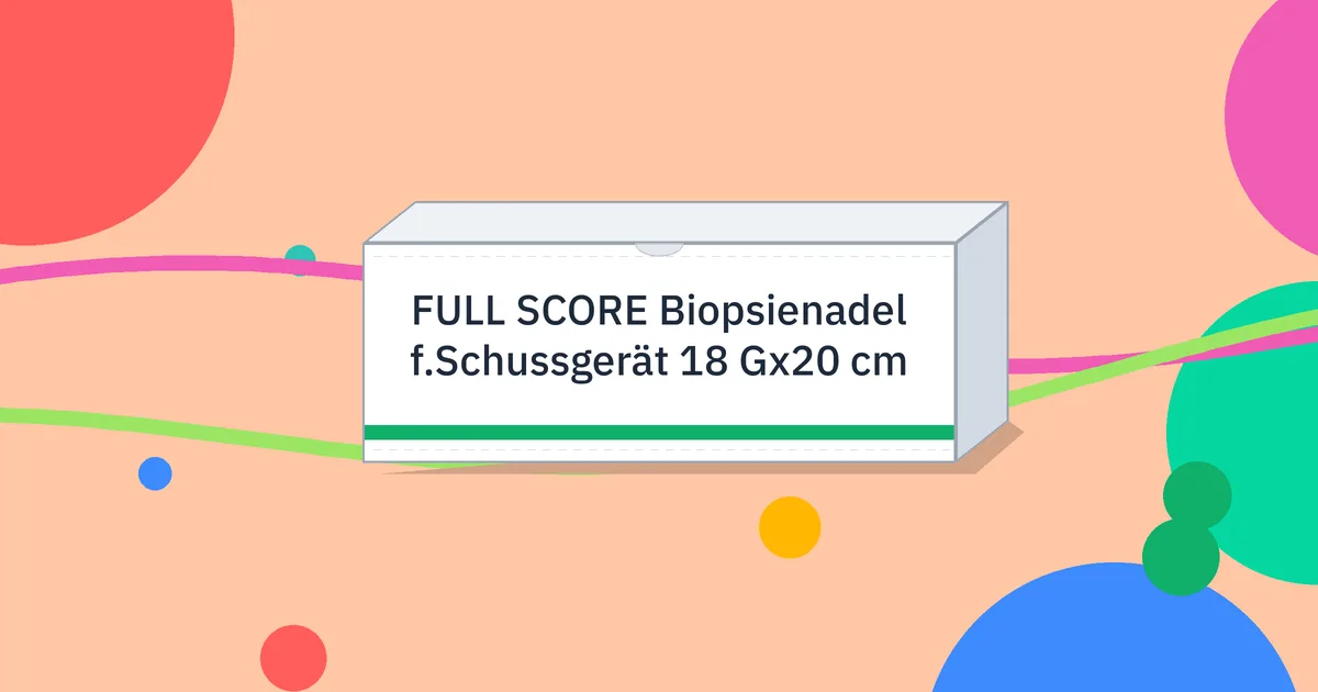 Symbolbild: Packung mit der Aufschrift FULL SCORE Biopsienadel f.Schussgerät 18 Gx20 cm (PZN 14384607) – Verfügbarkeit und Bezug in Apotheken in Frankfurt am Main
