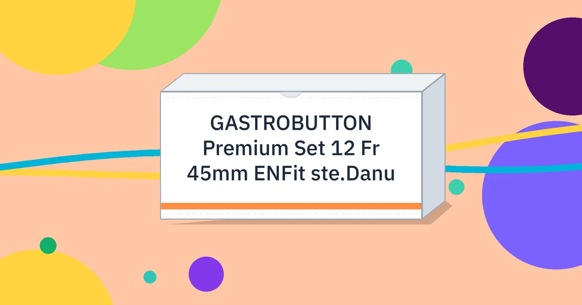 Symbolbild: Packung mit der Aufschrift GASTROBUTTON Premium Set 12 Fr 45mm ENFit ste.Danu (PZN 16883355) – Verfügbarkeit und Bezug in Apotheken in Frankfurt am Main