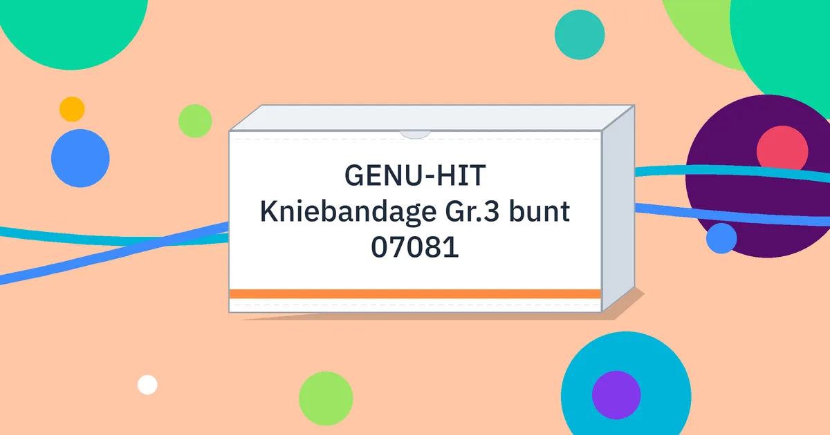 Symbolbild: Packung mit der Aufschrift GENU-HIT Kniebandage Gr.3 bunt 07081 (PZN 08486344) – Verfügbarkeit und Bezug in Apotheken in Frankfurt am Main