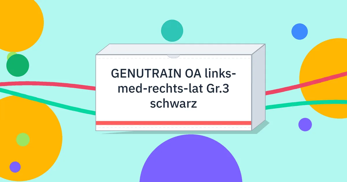 Symbolbild: Packung mit der Aufschrift GENUTRAIN OA links-med-rechts-lat Gr.3 schwarz (PZN 16144089) – Verfügbarkeit und Bezug in Apotheken in Frankfurt am Main