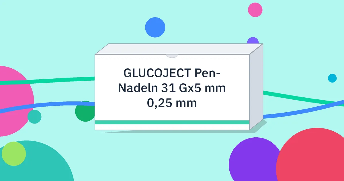 Symbolbild: Packung mit der Aufschrift GLUCOJECT Pen-Nadeln 31 Gx5 mm 0,25 mm (PZN 19194892) – Verfügbarkeit und Bezug in Apotheken in Frankfurt am Main