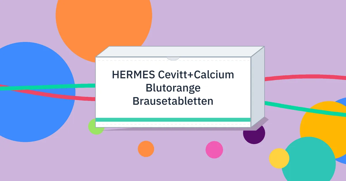 Symbolbild: Packung mit der Aufschrift HERMES Cevitt+Calcium Blutorange Brausetabletten (PZN 01846621) – Verfügbarkeit und Bezug in Apotheken in Frankfurt am Main