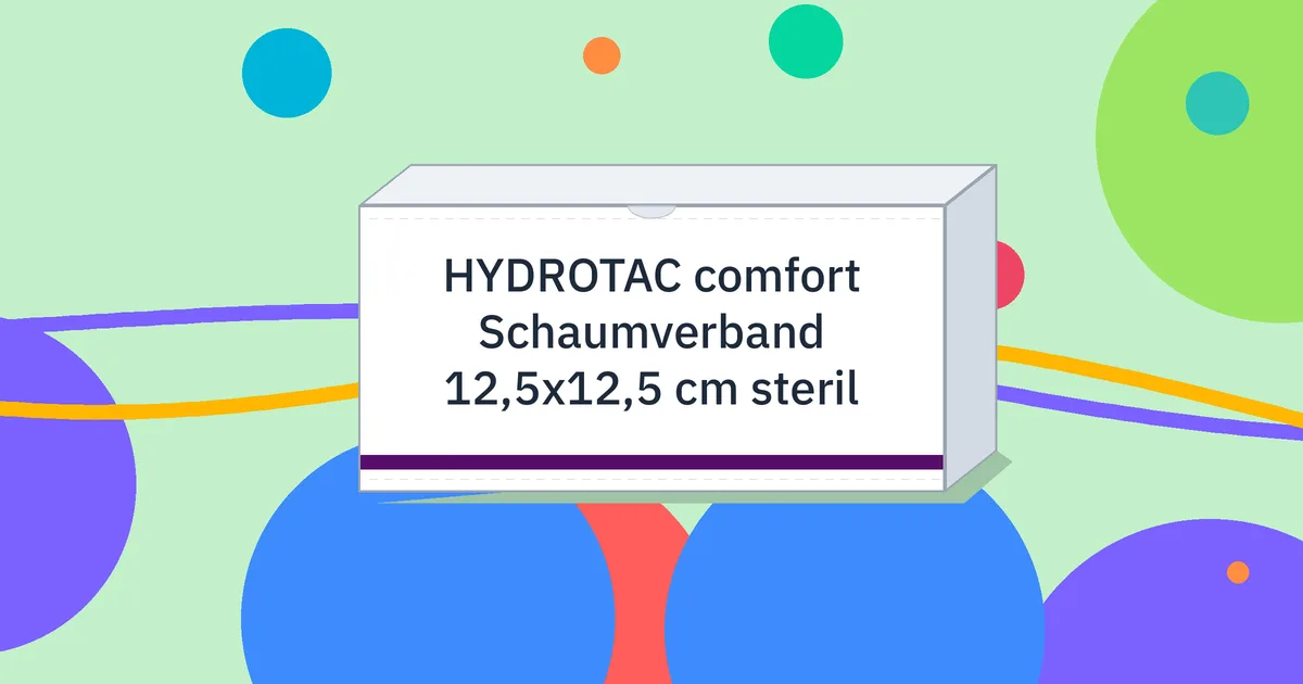 Symbolbild: Packung mit der Aufschrift HYDROTAC comfort Schaumverband 12,5x12,5 cm steril (PZN 18716087) – Verfügbarkeit und Bezug in Apotheken in Frankfurt am Main