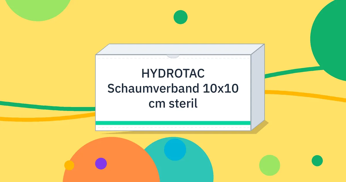 Symbolbild: Packung mit der Aufschrift HYDROTAC Schaumverband 10x10 cm steril (PZN 18009504) – Verfügbarkeit und Bezug in Apotheken in Frankfurt am Main