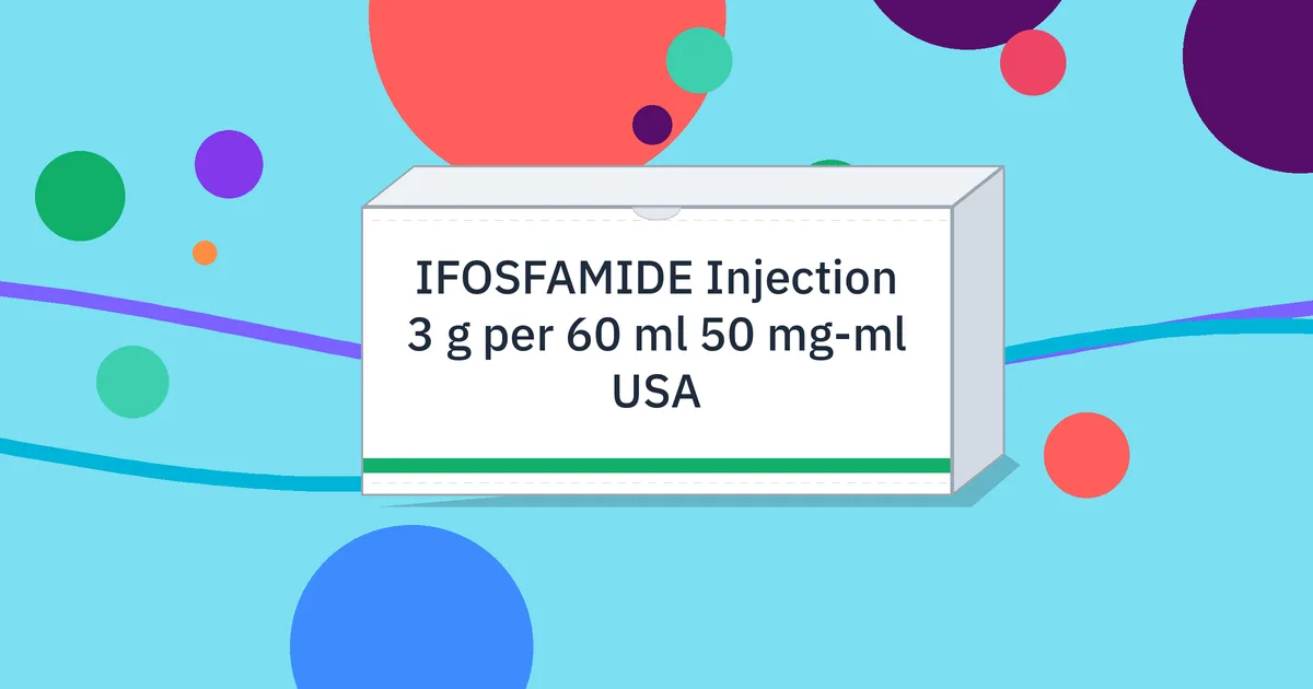 Symbolbild: Packung mit der Aufschrift IFOSFAMIDE Injection 3 g per 60 ml 50 mg-ml USA (PZN 20869295) – Verfügbarkeit und Bezug in Apotheken in Frankfurt am Main