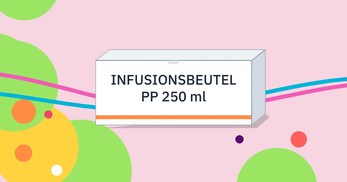 Symbolbild: Packung mit der Aufschrift INFUSIONSBEUTEL PP 250 ml (PZN 19398554) – Verfügbarkeit und Bezug in Apotheken in Frankfurt am Main