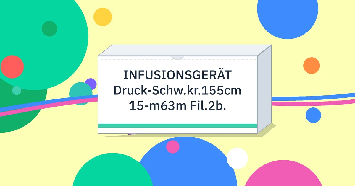 Symbolbild: Packung mit der Aufschrift INFUSIONSGERÄT Druck-Schw.kr.155cm 15-m63m Fil.2b. (PZN 17395149) – Verfügbarkeit und Bezug in Apotheken in Frankfurt am Main