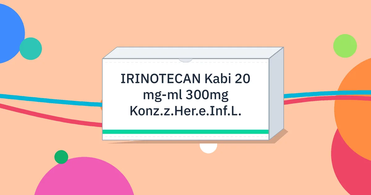 Symbolbild: Packung mit der Aufschrift IRINOTECAN Kabi 20 mg-ml 300mg Konz.z.Her.e.Inf.L. (PZN 14036993) – Verfügbarkeit und Bezug in Apotheken in Frankfurt am Main
