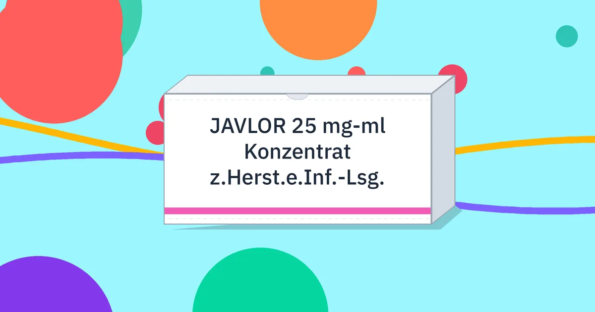 Symbolbild: Packung mit der Aufschrift JAVLOR 25 mg-ml Konzentrat z.Herst.e.Inf.-Lsg. (PZN 05376419) – Verfügbarkeit und Bezug in Apotheken in Frankfurt am Main