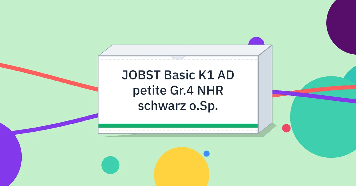 Symbolbild: Packung mit der Aufschrift JOBST Basic K1 AD petite Gr.4 NHR schwarz o.Sp. (PZN 15313526) – Verfügbarkeit und Bezug in Apotheken in Frankfurt am Main