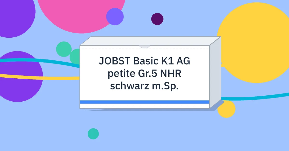 Symbolbild: Packung mit der Aufschrift JOBST Basic K1 AG petite Gr.5 NHR schwarz m.Sp. (PZN 15309588) – Verfügbarkeit und Bezug in Apotheken in Frankfurt am Main