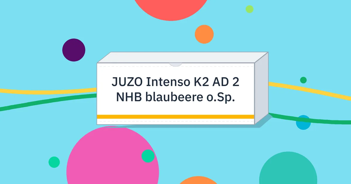 Symbolbild: Packung mit der Aufschrift JUZO Intenso K2 AD 2 NHB blaubeere o.Sp. (PZN 18620401) – Verfügbarkeit und Bezug in Apotheken in Frankfurt am Main