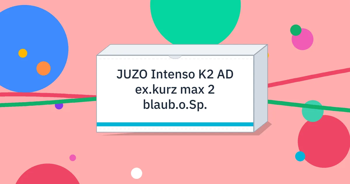 Symbolbild: Packung mit der Aufschrift JUZO Intenso K2 AD ex.kurz max 2 blaub.o.Sp. (PZN 18617505) – Verfügbarkeit und Bezug in Apotheken in Frankfurt am Main