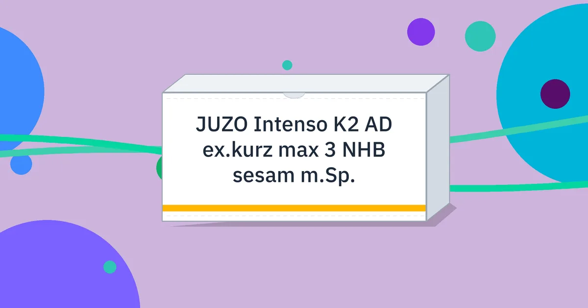 Symbolbild: Packung mit der Aufschrift JUZO Intenso K2 AD ex.kurz max 3 NHB sesam m.Sp. (PZN 18610348) – Verfügbarkeit und Bezug in Apotheken in Frankfurt am Main